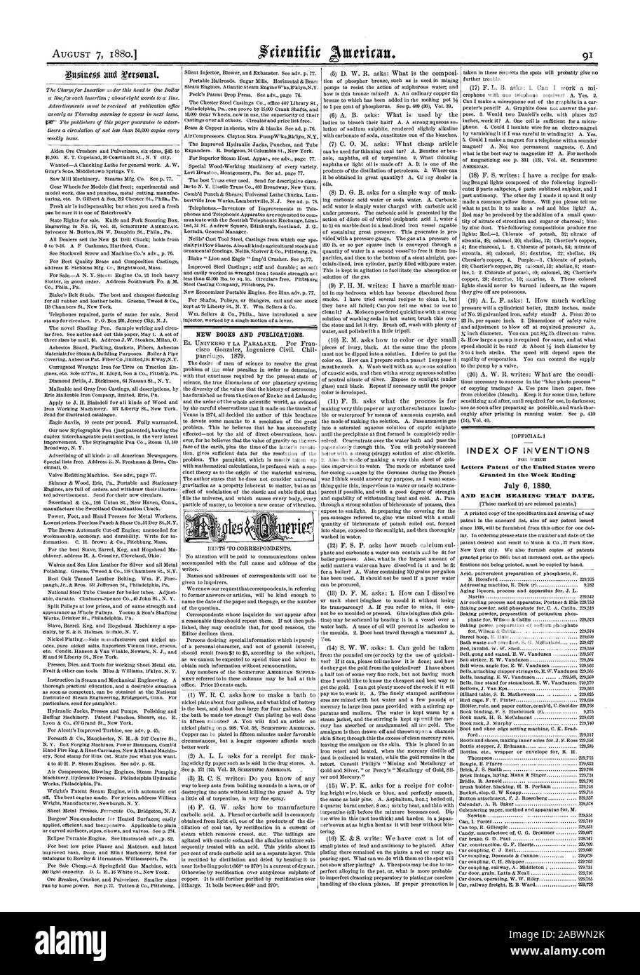 INDEX OF INVENTIONS Granted in the Week Ending July 6 1880 AND EACH ...