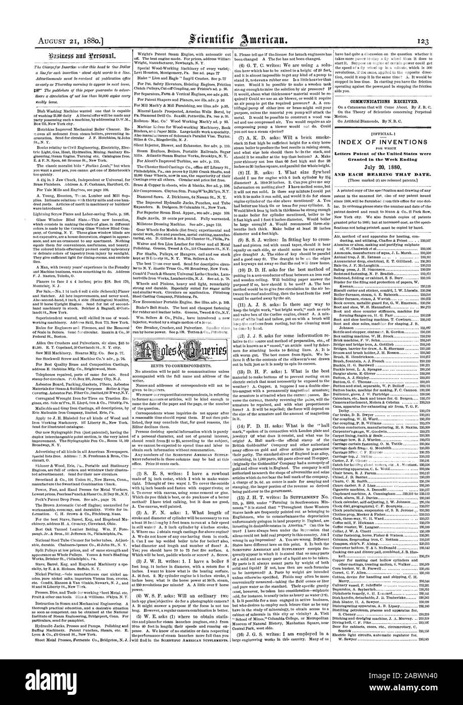 AUGUST COMMUNICATIONS RECEIVED. INDEX OF INVENTIONS Letters Patent of ...