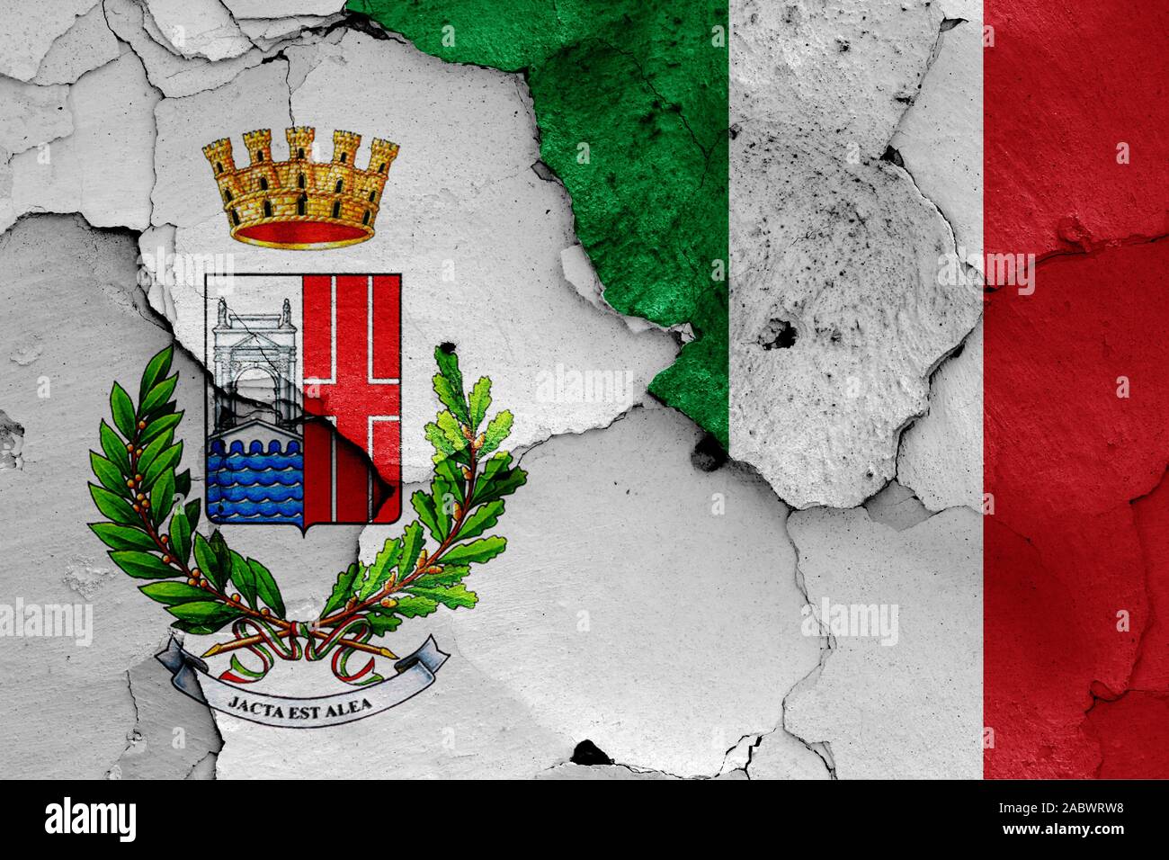 flags of Rimini and Italy painted on cracked wall Stock Photo - Alamy