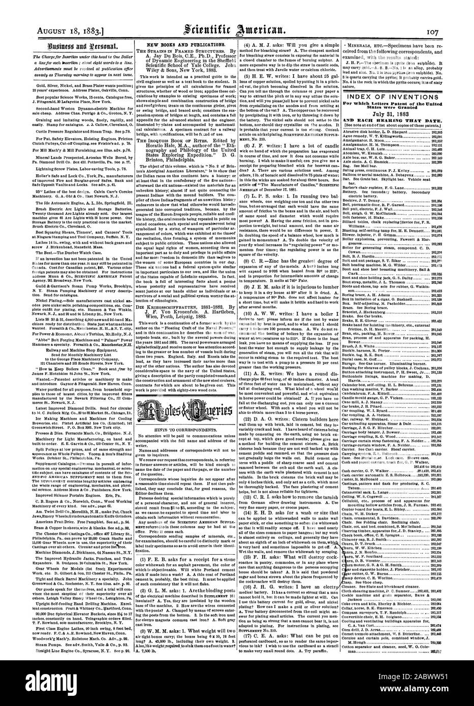 AUGUST 18 1883 INDEX OF INVENTIONS For which Letters Patent of the ...