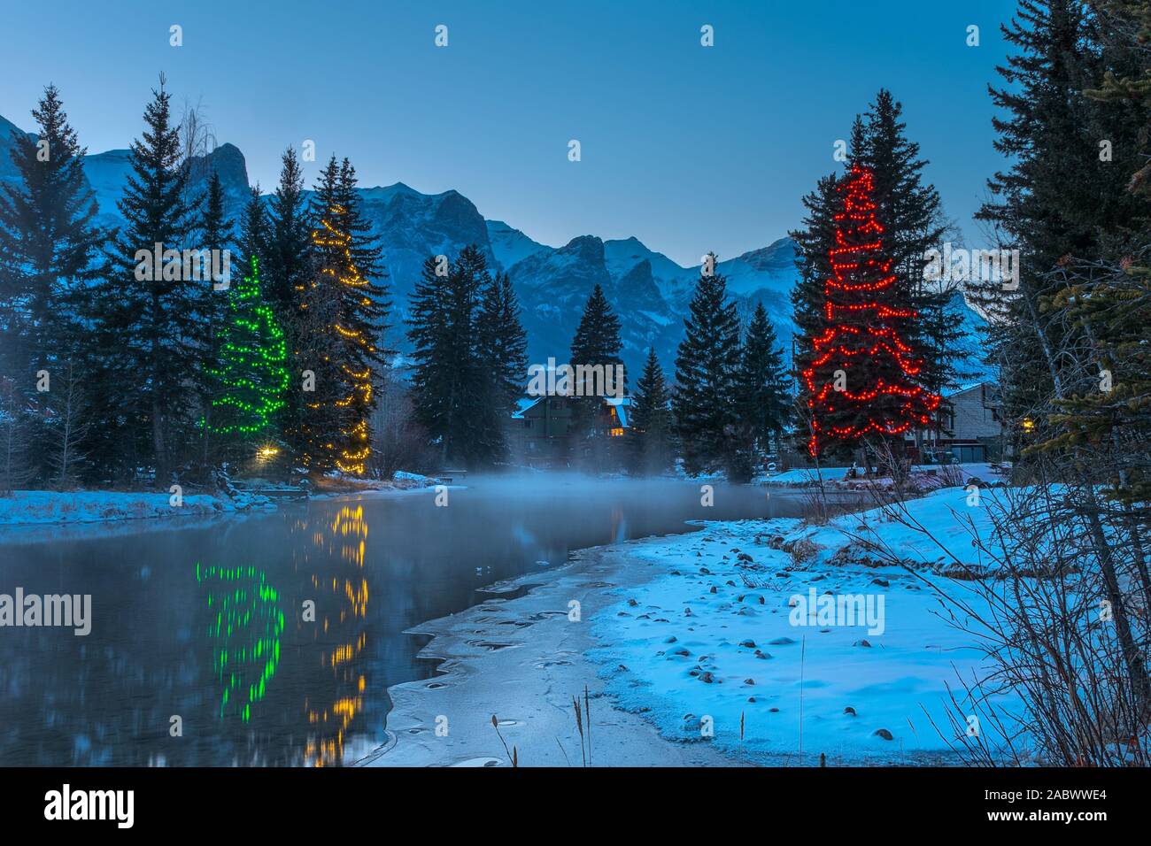 Christmas Lights On Spring Creek In Canmore Alberta Canada Stock
