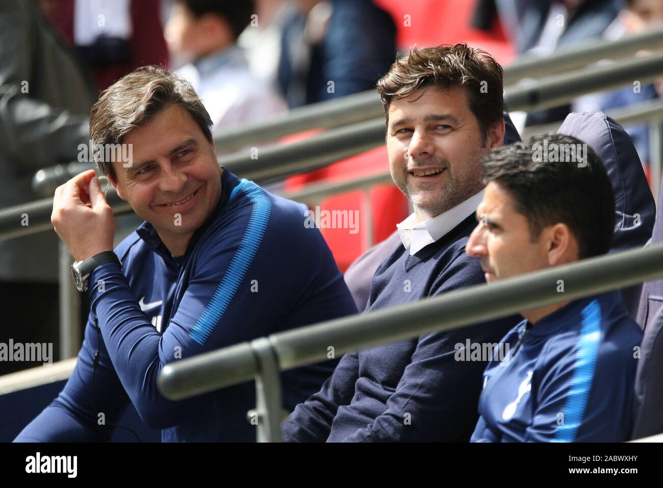 Spurs manager Mauricio Pochettino in the home dugout at Wembley Stadium ...