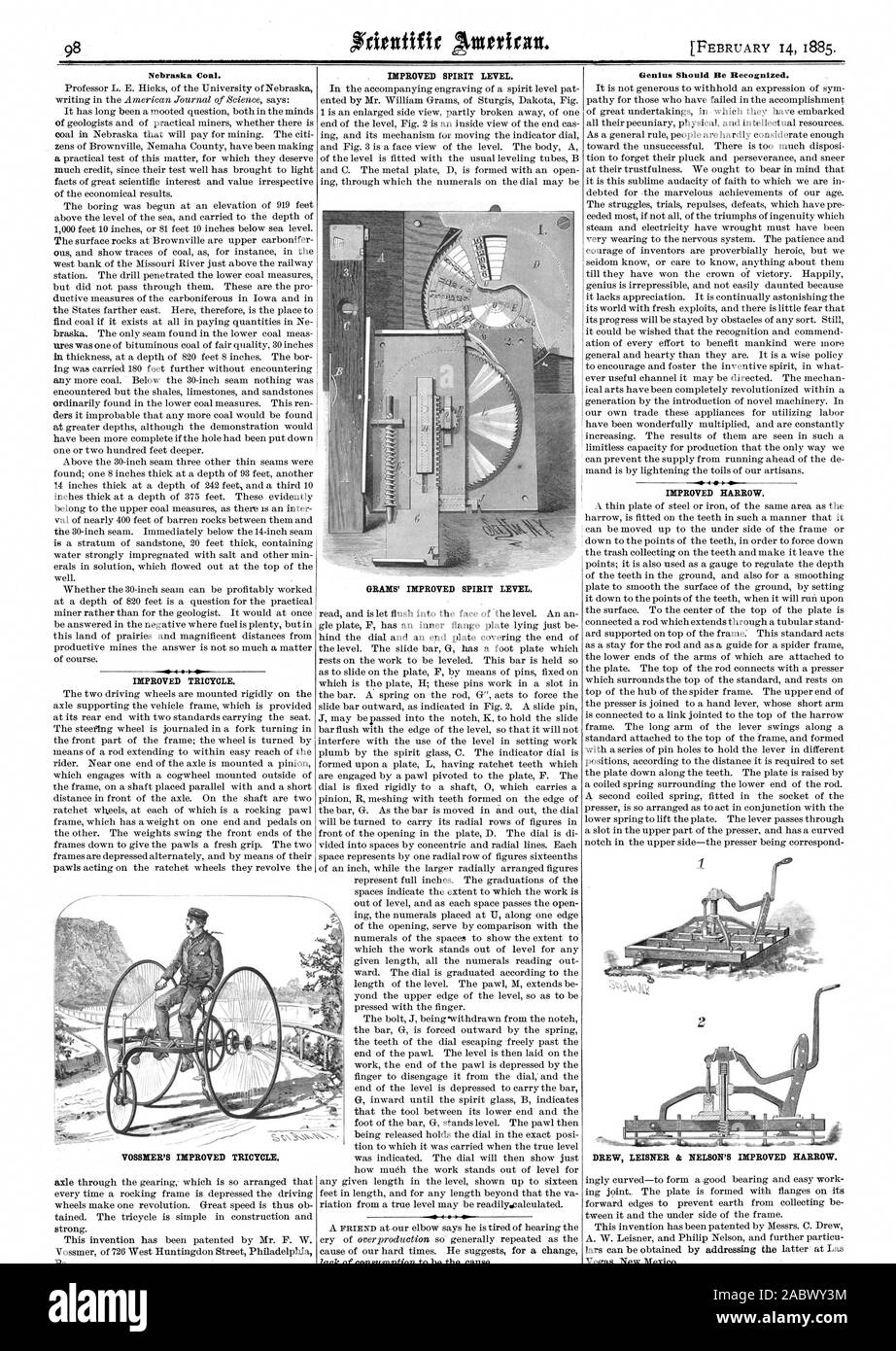 Nebraska Coal. IMPROVED TRICYCLE. IMPROVED SPIRIT LEVEL. GRAMS ...