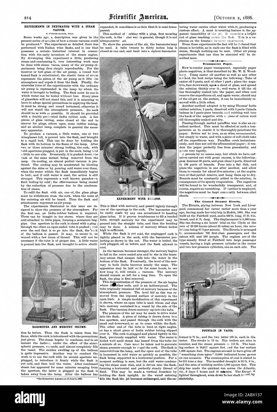 EXPERIMENTS IN PNEUMATICS WITH A STEAM VACUUM. BAROMETER AND MERCURY ...