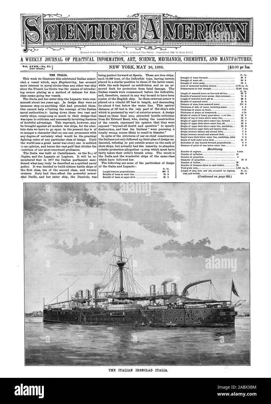 LVIII No. 21. THE ITALIA. THE ITALIAN IRONCLAD ITALIA., scientific ...