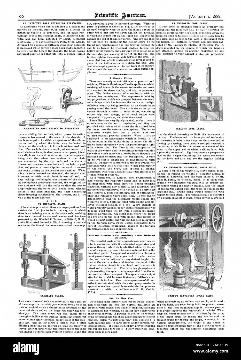 AN IMPROVED BOAT DETACHING APPARATUS. AN IMPROVED CLAMP. A Smoke Filter ...
