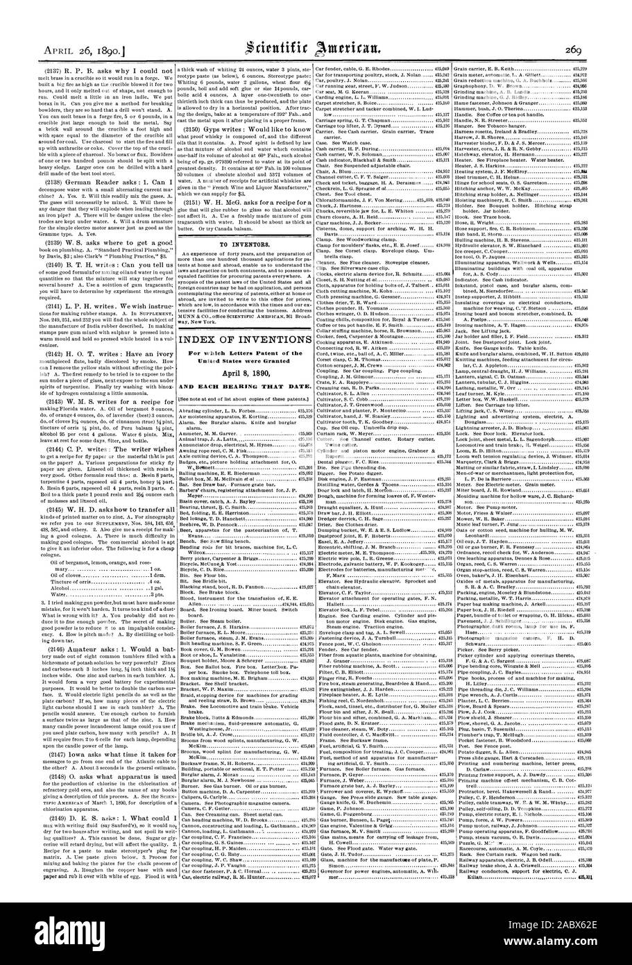 TO INVENTORS. INDEX OF INVENTIONS For which Letters Patent of the ...