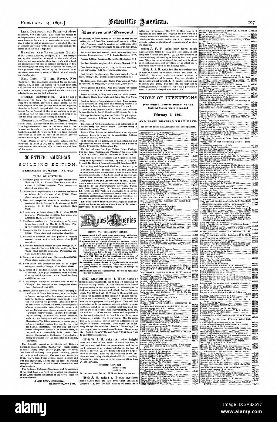 FEBRUARY NUMBER. -(No. 64.) INDEX OF INVENTIONS For which Letters ...