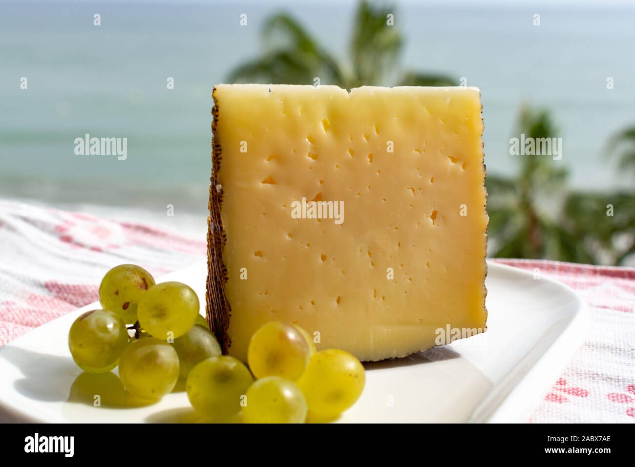 Spanish sheep cheese served with white outside with sea view close up ...