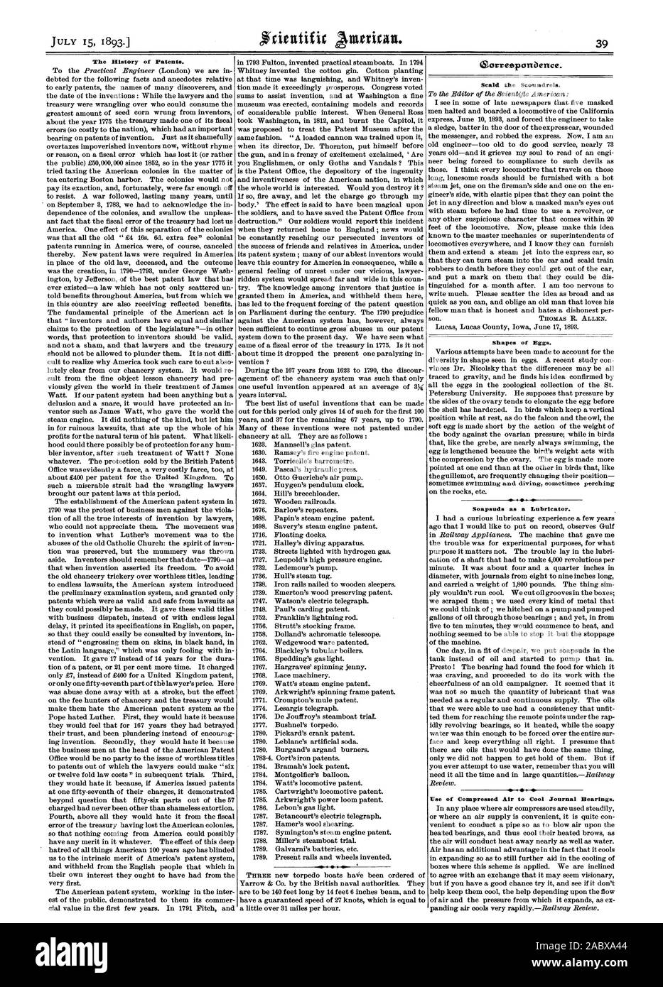 The Bistory of Patents. Scald the Scoundrels. Shapes of Eggs. Soapsuds ...