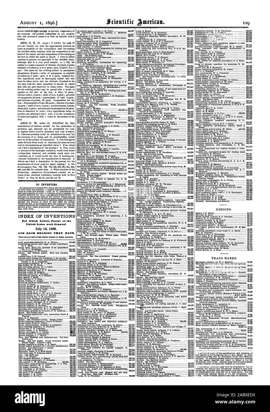 AUGUST I 1896. TO INVENTORS. INDEX OF INVENTIONS For which Letters ...