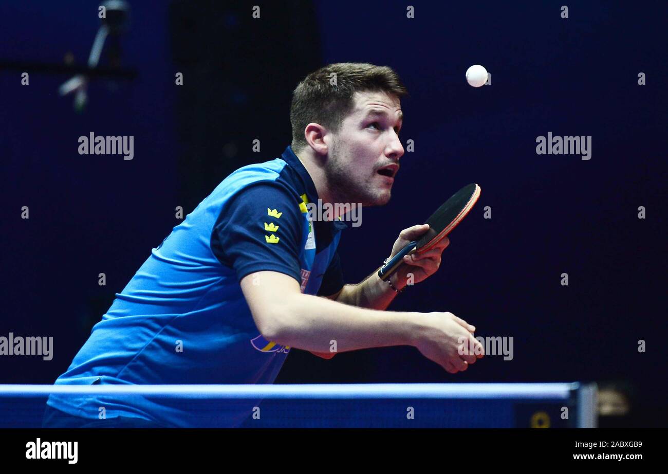 Kristian Karlsson of Sweden serves against Quadri Aruna of Nigeria in ...