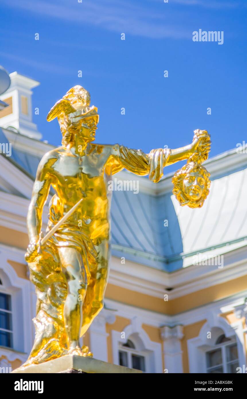 Perseus gold statue in Peterhof, Saint-Petersburg, Russia Stock Photo ...
