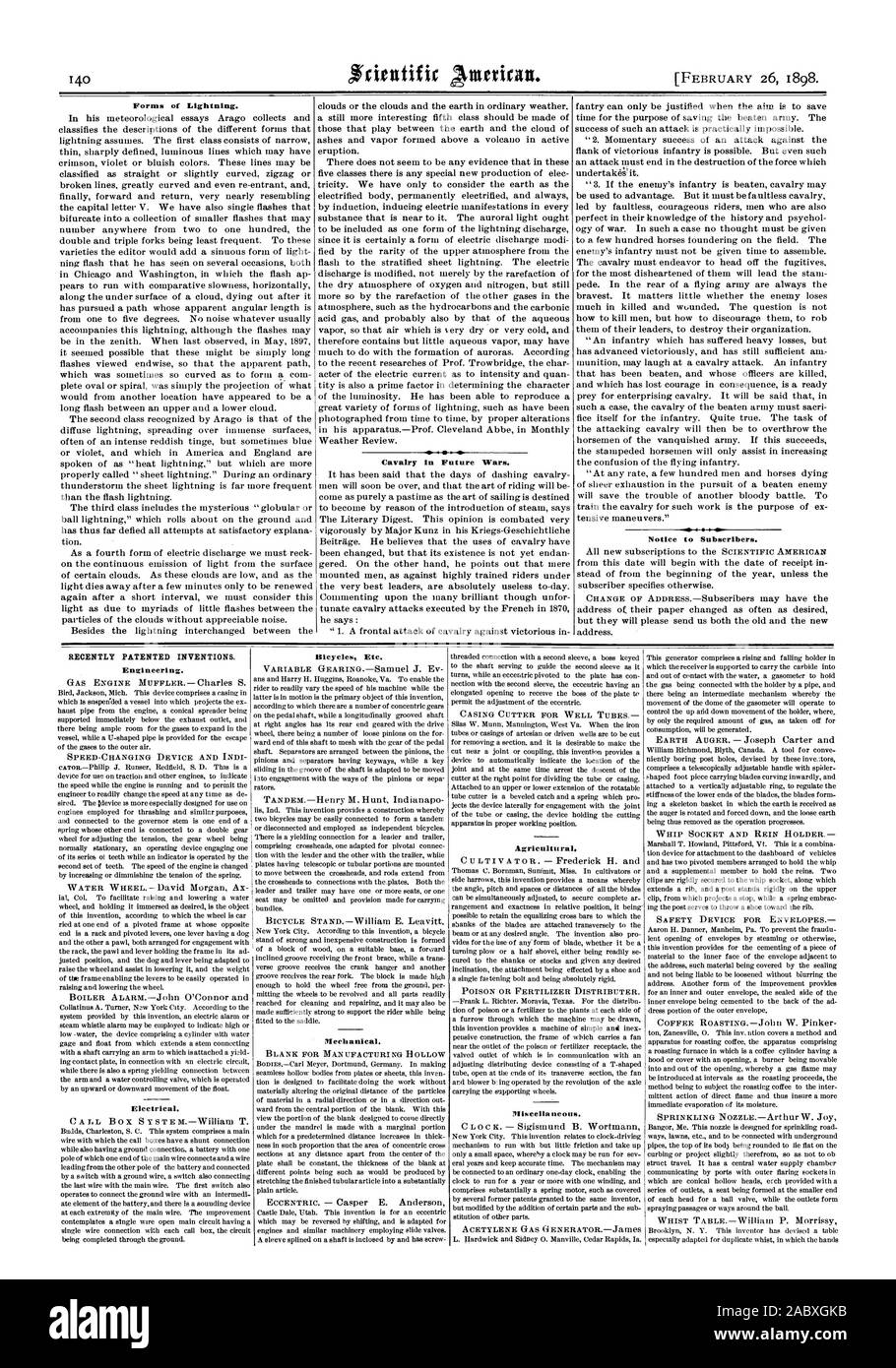 RECENTLY PATENTED INVENTIONS., scientific american, 1898-02-11 Stock ...