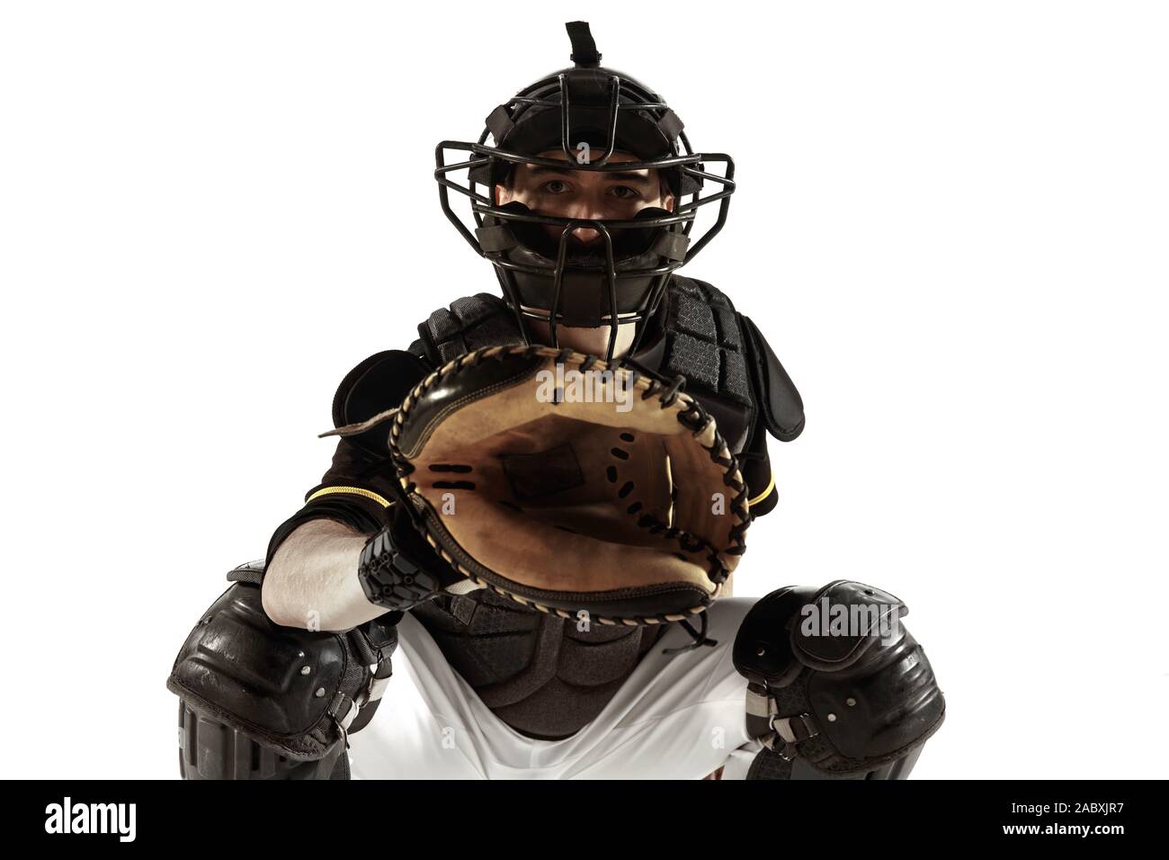 Baseball player, pitcher in a black uniform practicing and training ...