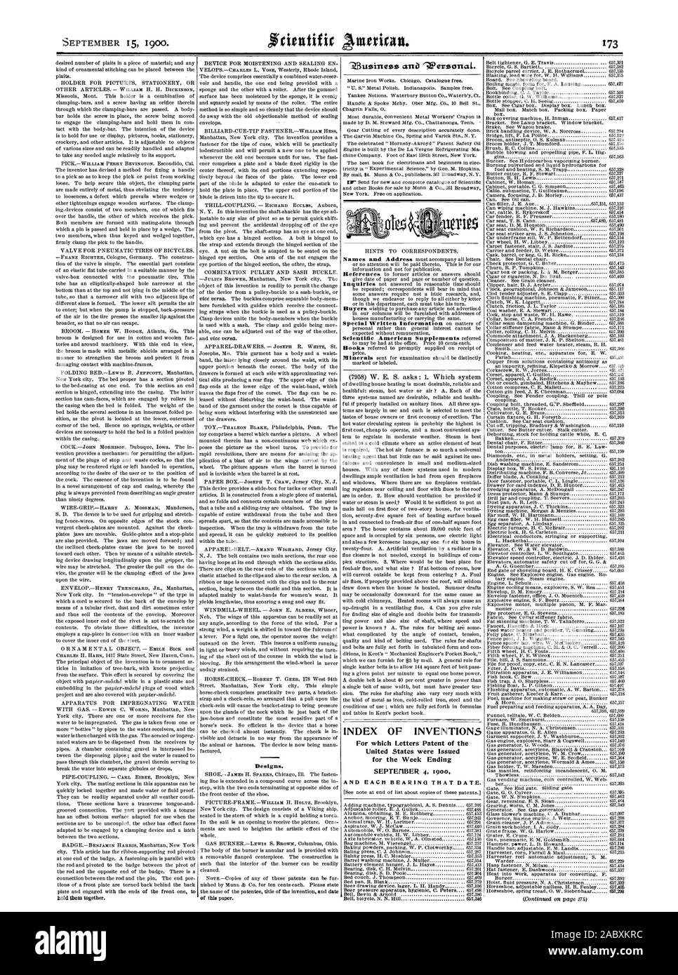 SEPTEMBER 15 1900. Designs. of this paper. 'Zusiness am) tWersonai ...