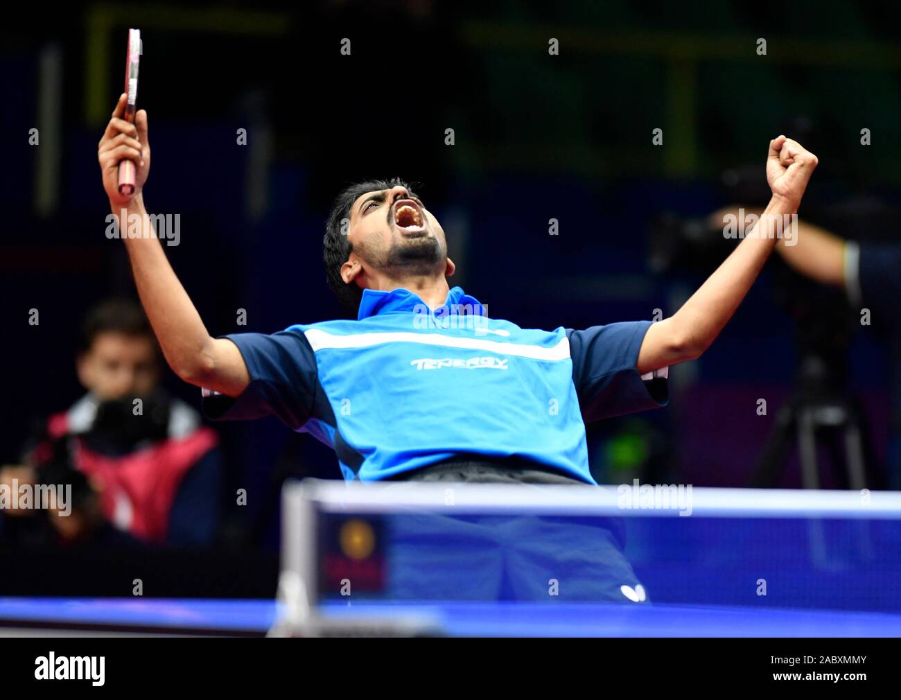 Sathiyan Gnanasekaran of India reacts after defeating Simon Gauzy of ...
