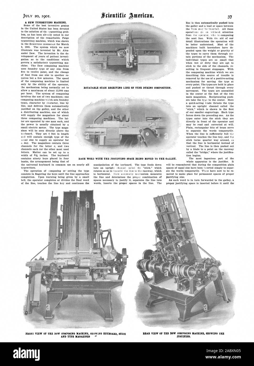 A NEW TYPESETTING MACHINE. ROTAT ABLE STICK RECEIVING LINE OF TYPE ...