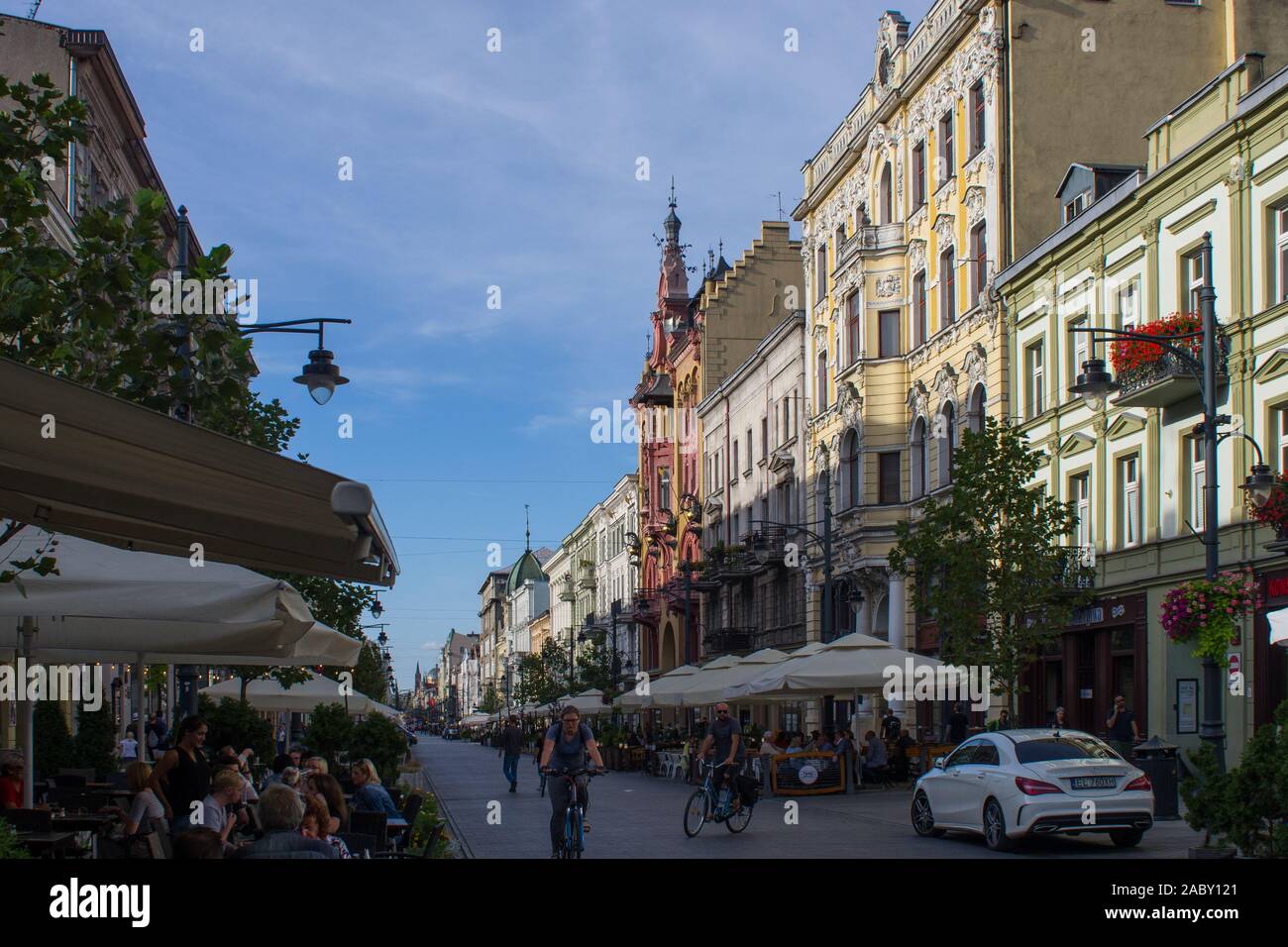 View of Piotrkowska Street with historic buildings in the Art Nouveau ...