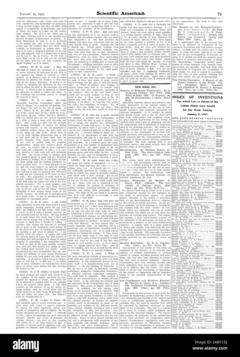 INDEX OF INVENTIONS, scientific american, 1907-01-19 Stock Photo - Alamy