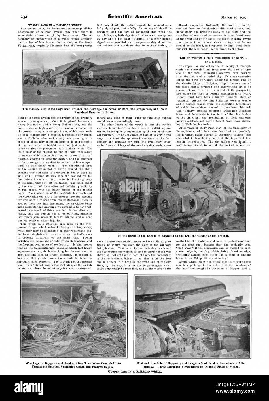 Wooden cars in a railroad wreck. Scientific American, 1907-03-16 Stock ...