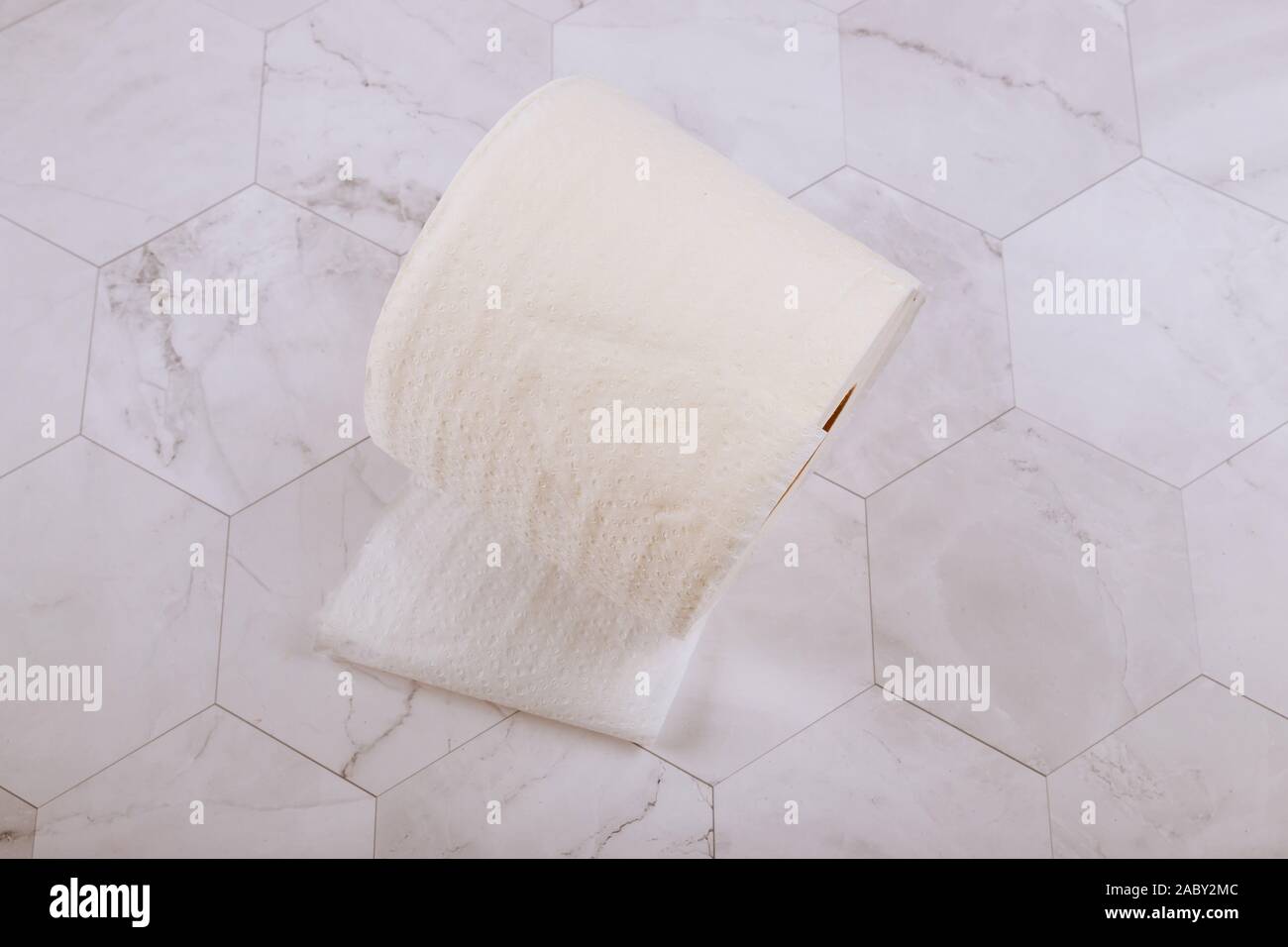 Toilet of soft paper roll on white tiles in bathroom Stock Photo - Alamy
