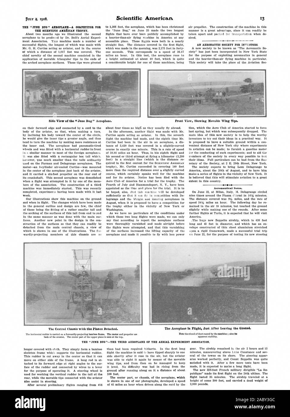 Side View of the 'June Bug' Aeroplane. Front View Showing Movable Wing ...