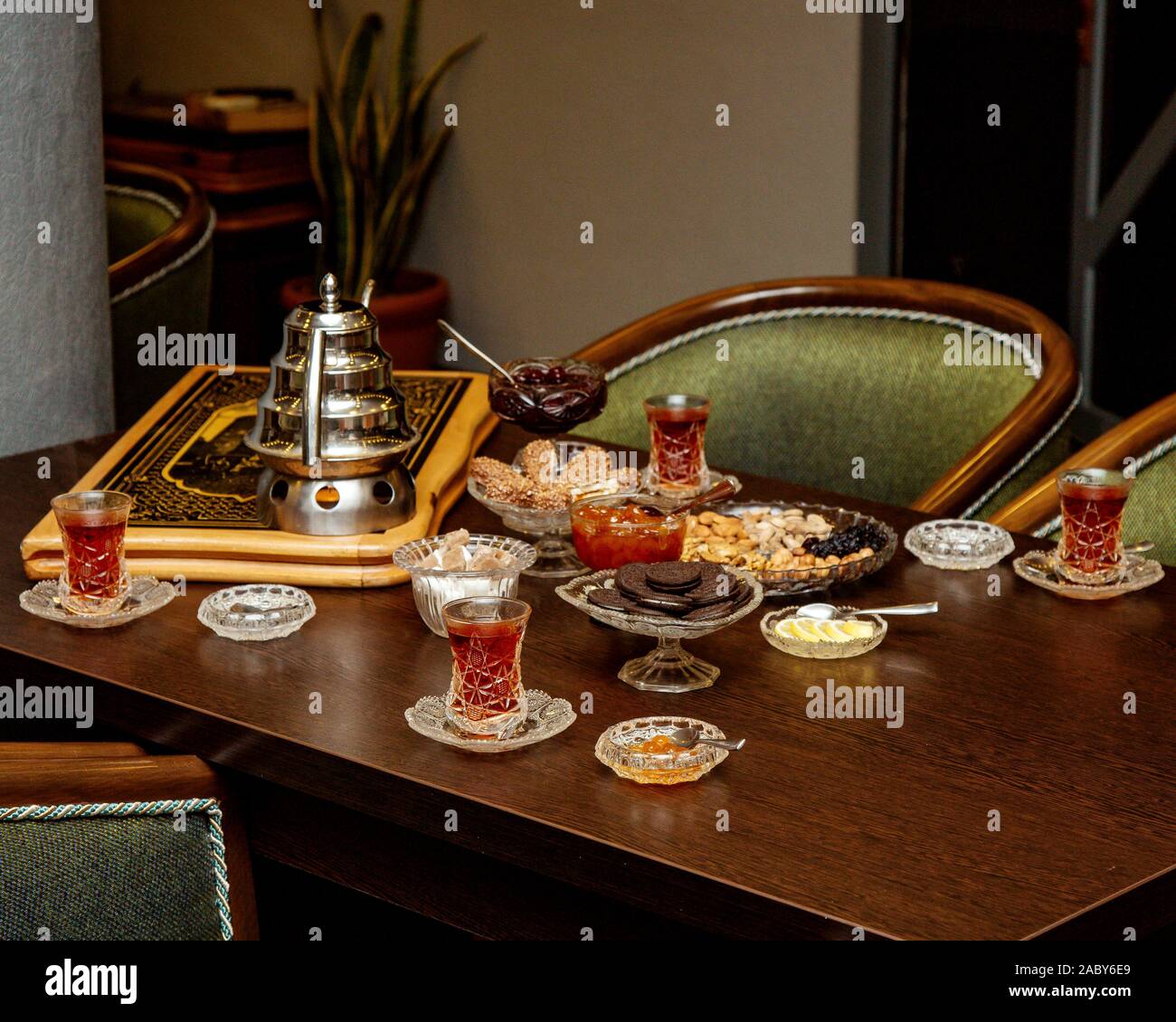 traditional azerbaijani tea setup with jam, dessert and nuts Stock ...