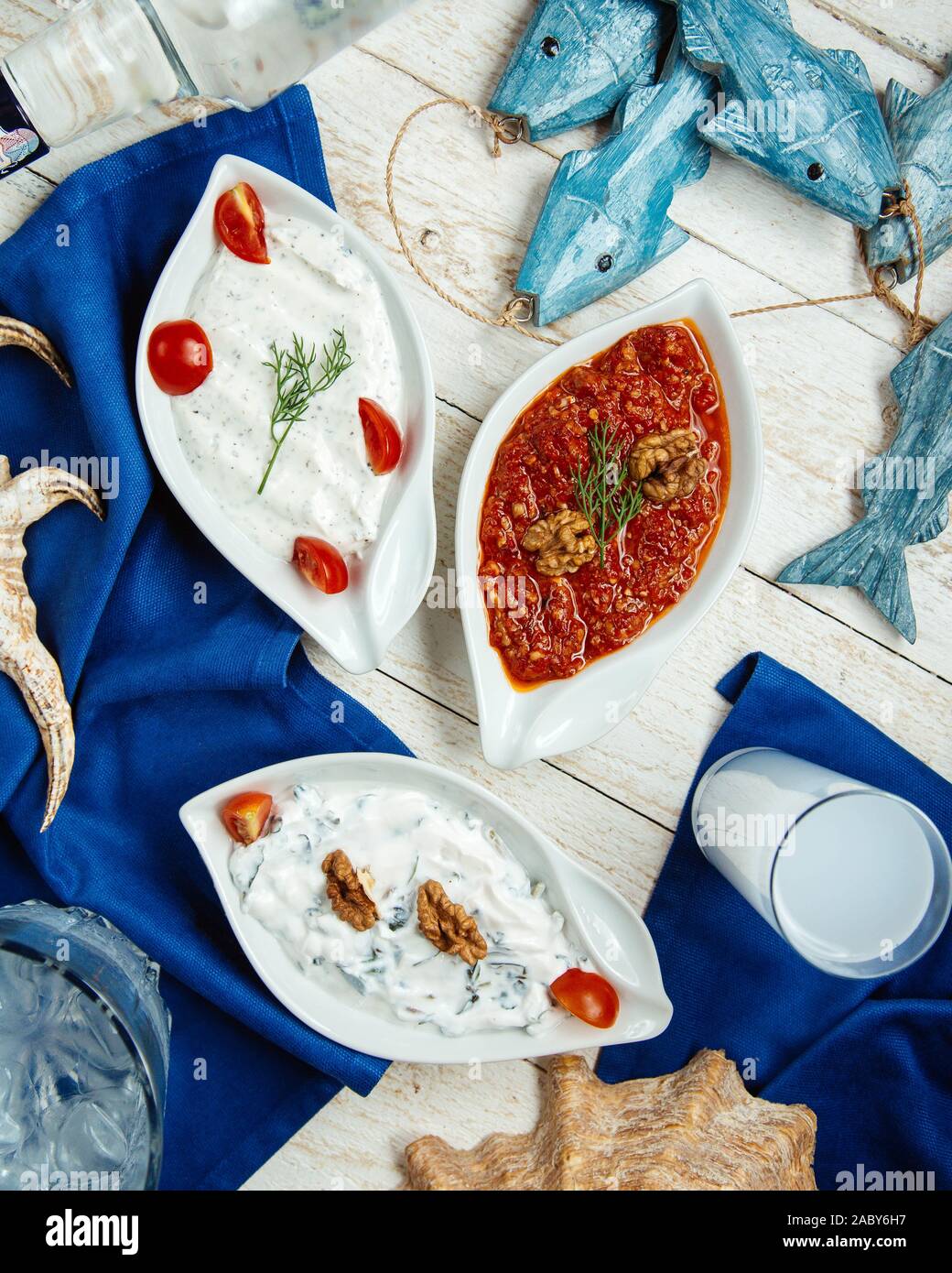 top view of turkish side dishes platters and turkish raki Stock Photo ...