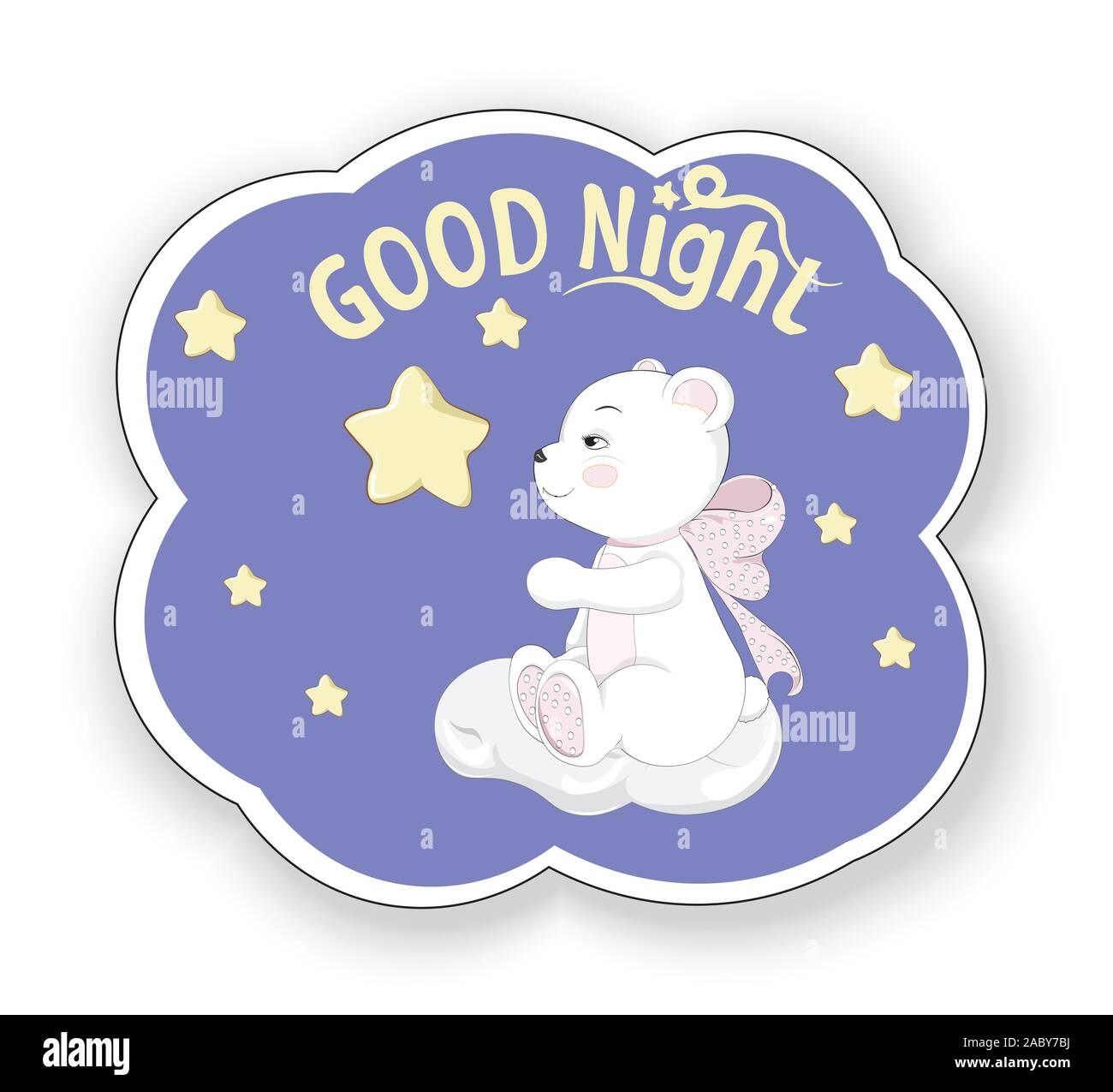 good night sticker. baby teddy bear with bow on cloud. Picture in hand ...