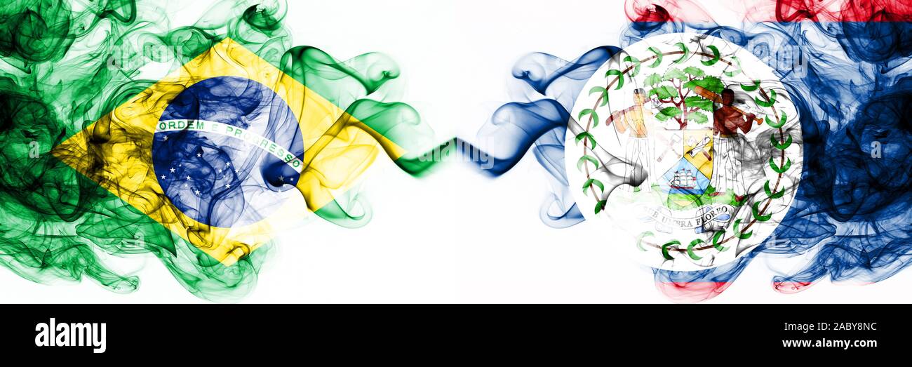 Brazil, Brazilian vs Belize, Belizean smoky mystic flags placed side by ...