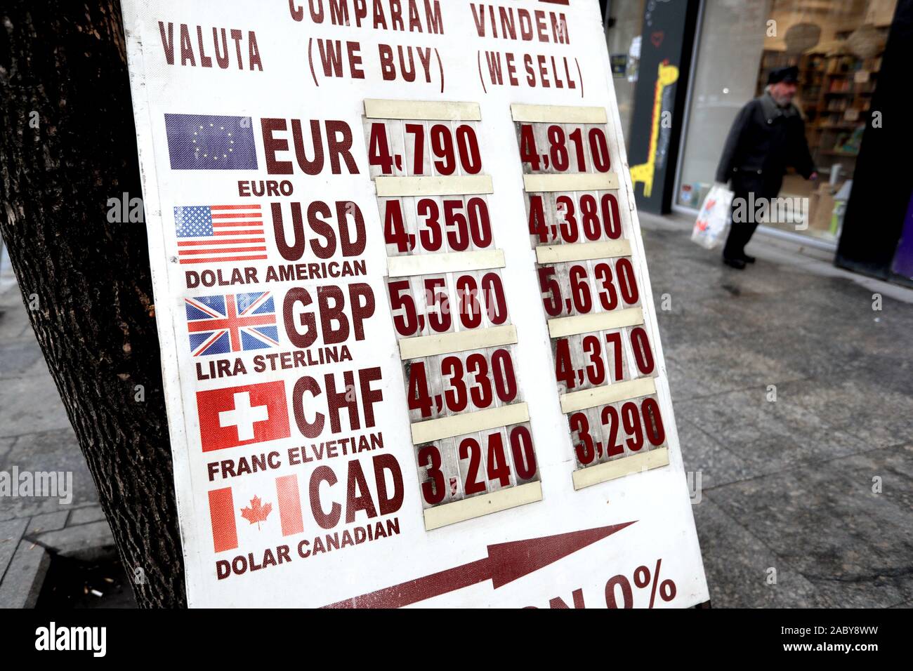 Currency conversation rates on display in Bucharest Stock Photo - Alamy