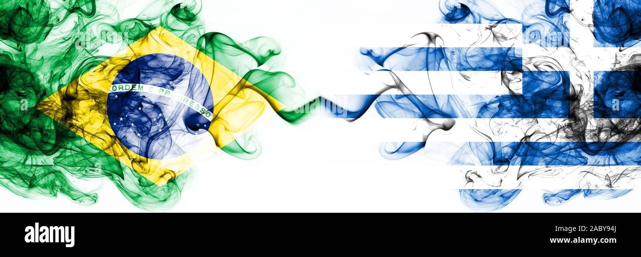 Brazil, Brazilian vs Greece, Greek smoky mystic flags placed side by ...