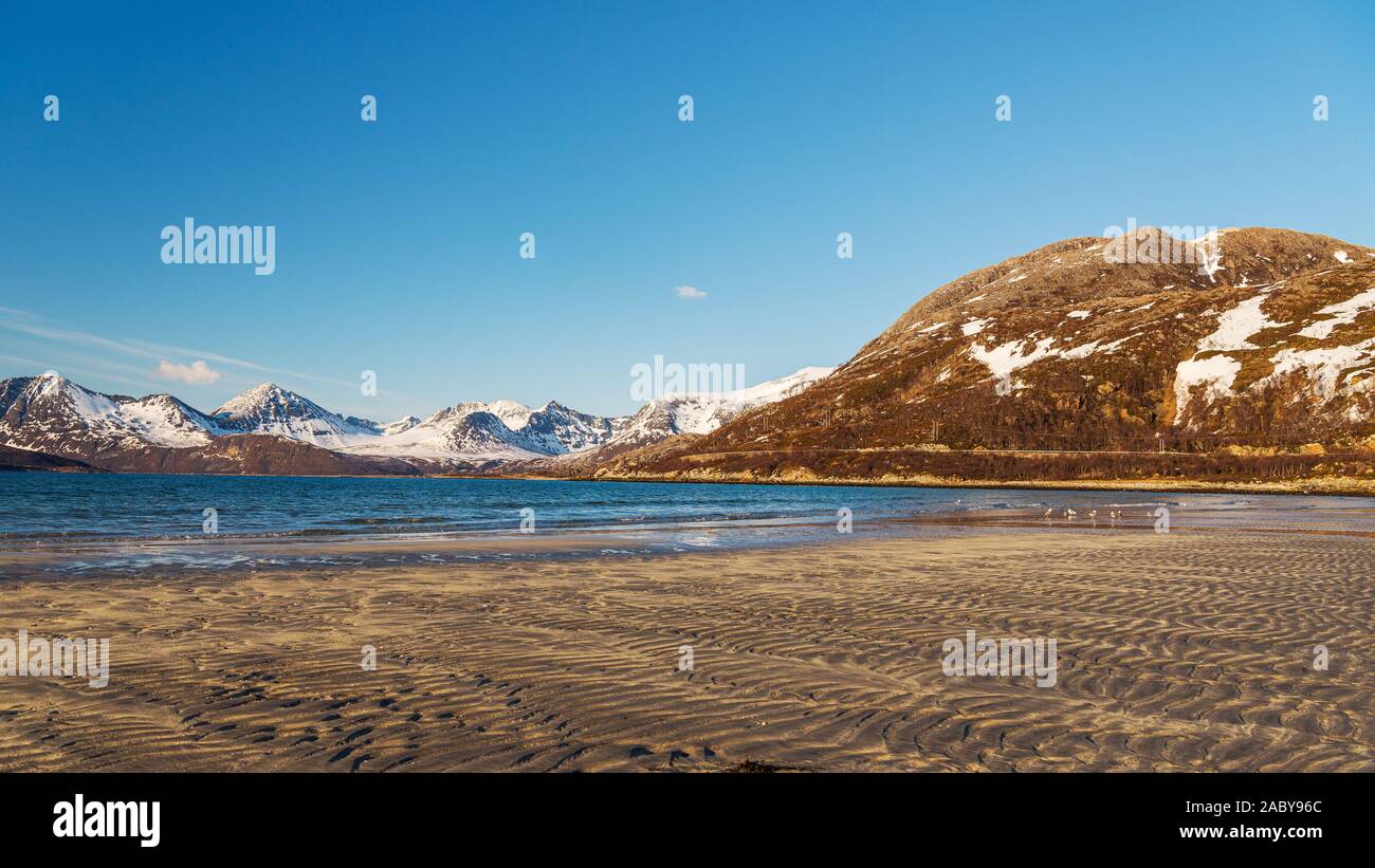 sunset over sandvika beach in Tromso region during a spring afternoon ...
