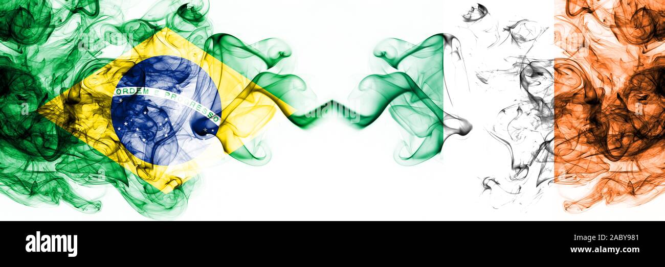 Brazil, Brazilian vs Ireland, Irish smoky mystic flags placed side by ...