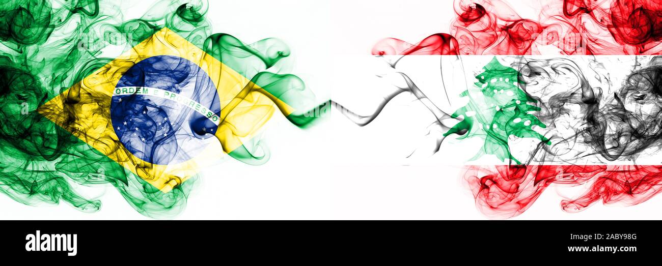 Brazil, Brazilian vs Lebanon, Lebanese smoky mystic flags placed side ...