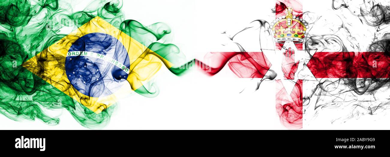 Brazil, Brazilian vs Northern Ireland smoky mystic flags placed side by ...