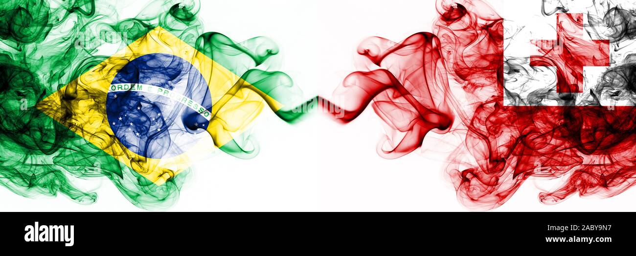 Brazil, Brazilian vs Tonga, Tongan smoky mystic flags placed side by ...