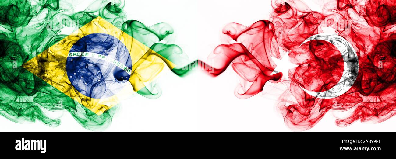 Brazil, Brazilian vs Turkey, Turkish smoky mystic flags placed side by ...