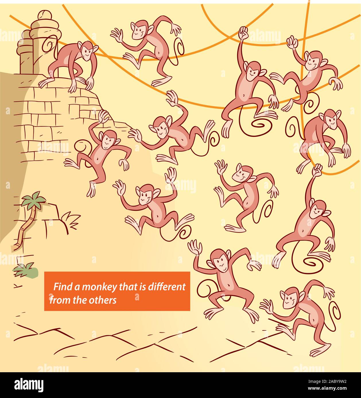 The illustration shows a puzzle where you need to find a monkey that is ...