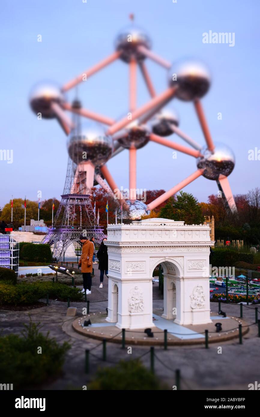 Atomium landmark near the Mini Europe in Brussels, Tilt-shift panoramic ...