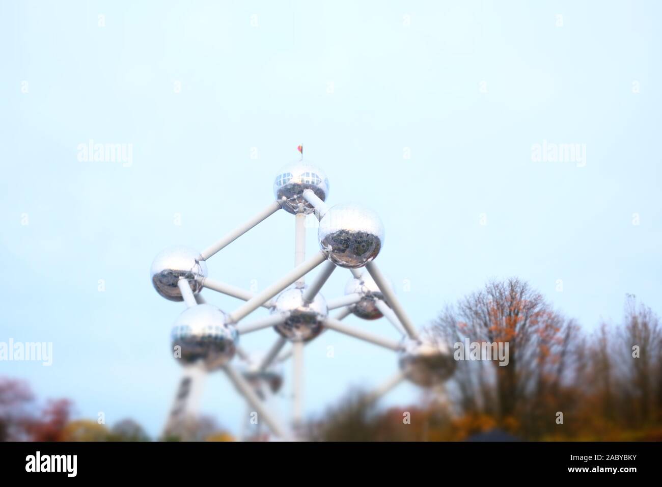 Atomium landmark near the Mini Europe in Brussels, Tilt-shift panoramic ...