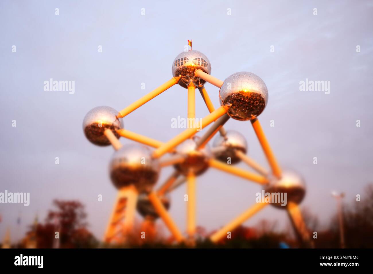 Atomium landmark near the Mini Europe in Brussels, Tilt-shift panoramic ...