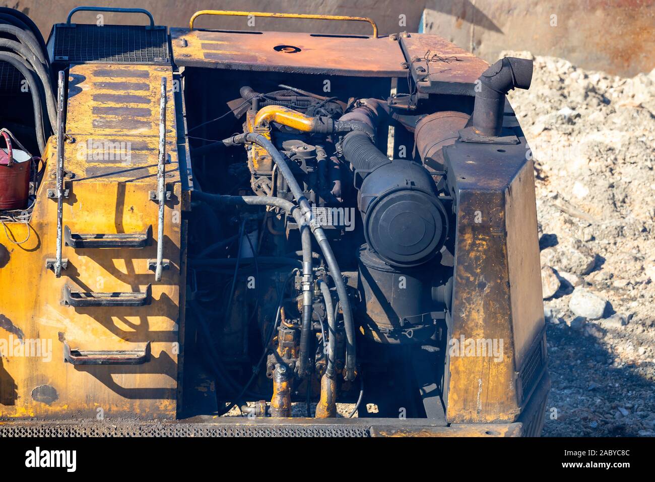 Black smoking exhaust pipe of old excavator with dirty engine Stock ...