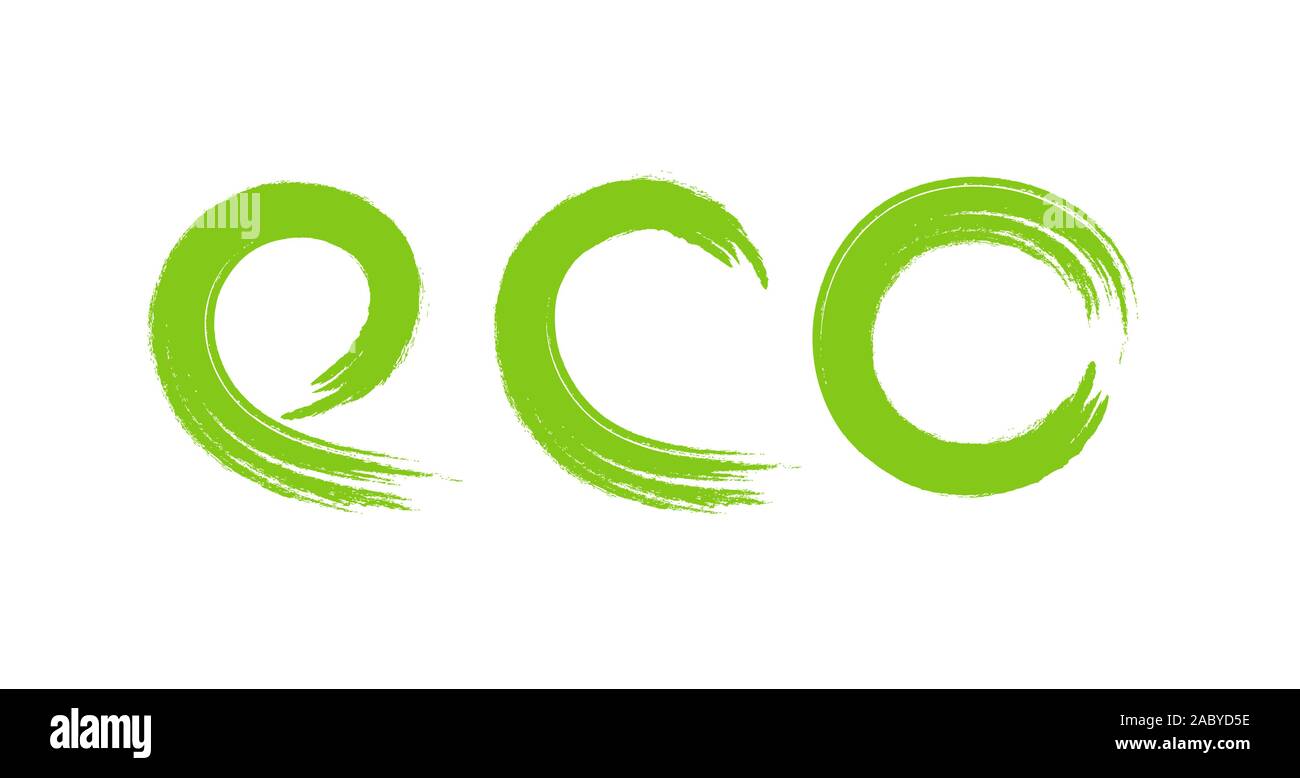 word ECO is written with brush strokes. Isolated on white background ...