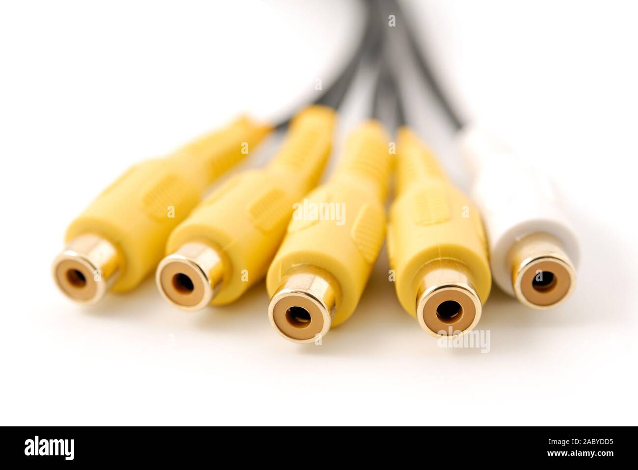 Yellow white RCA audio video plug connectors on a white background ...