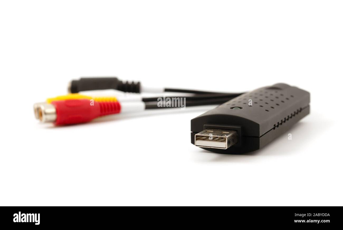 USB video audio capture adapter VHS to DVD hdd tv card on a white ...