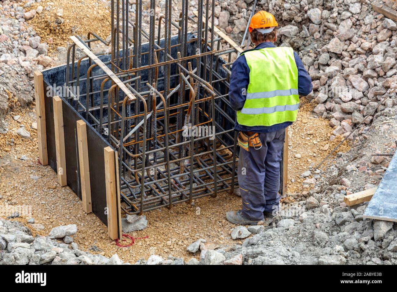 Formwork and steel rebar reinforcement for construction concrete poles ...