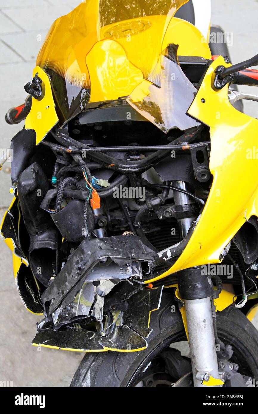 Crushed front of motorcycle in traffic accident Stock Photo - Alamy