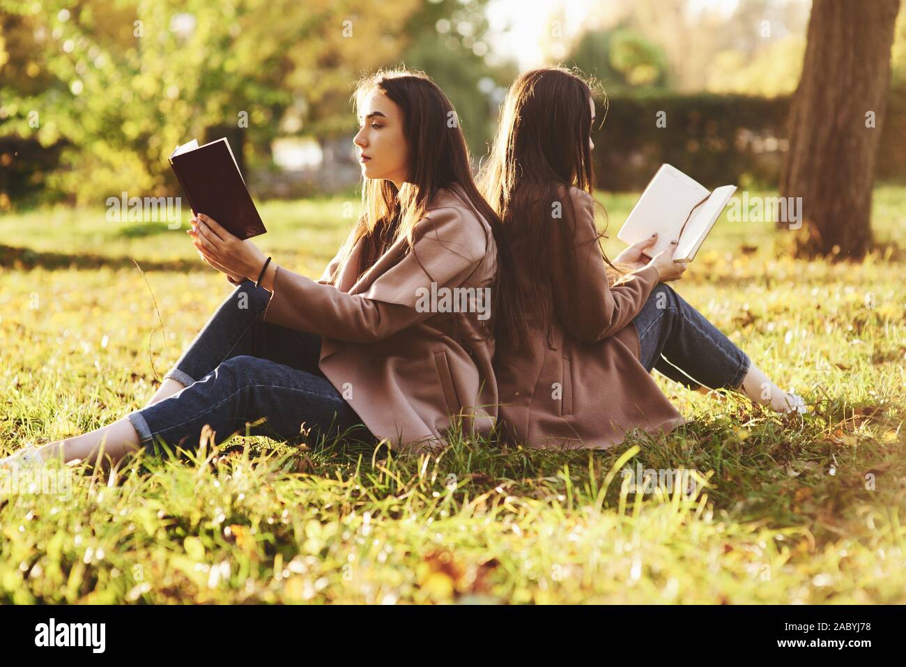 Side view of young pretty brunette twin sisters sitting back to back on ...